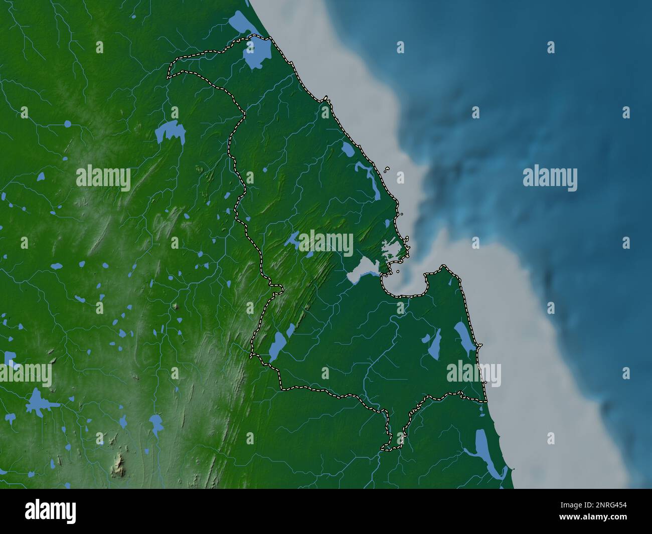 Trincomalee, district of Sri Lanka. Colored elevation map with lakes ...