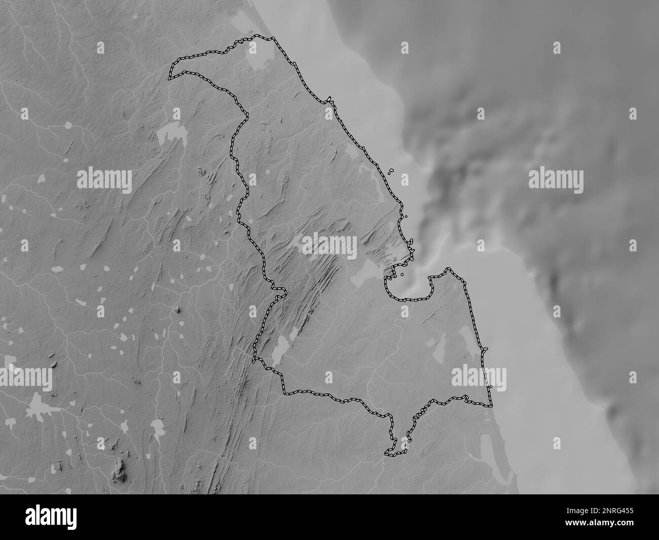 Trincomalee, district of Sri Lanka. Grayscale elevation map with lakes ...