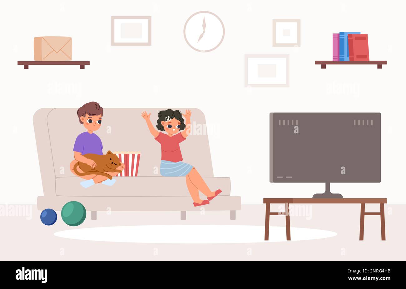Children watching tv in living room. Cute cartoon boy and girl with cat ...