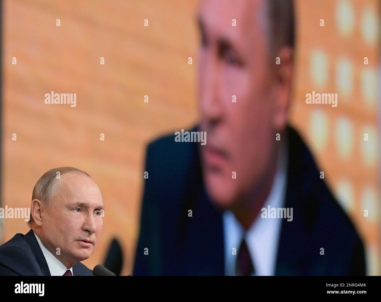Russian President Vladimir Putin speaks during his annual news ...