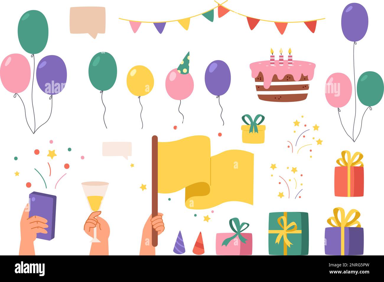 Birthday party cartoon elements. Colorful balloons, cake with candles ...