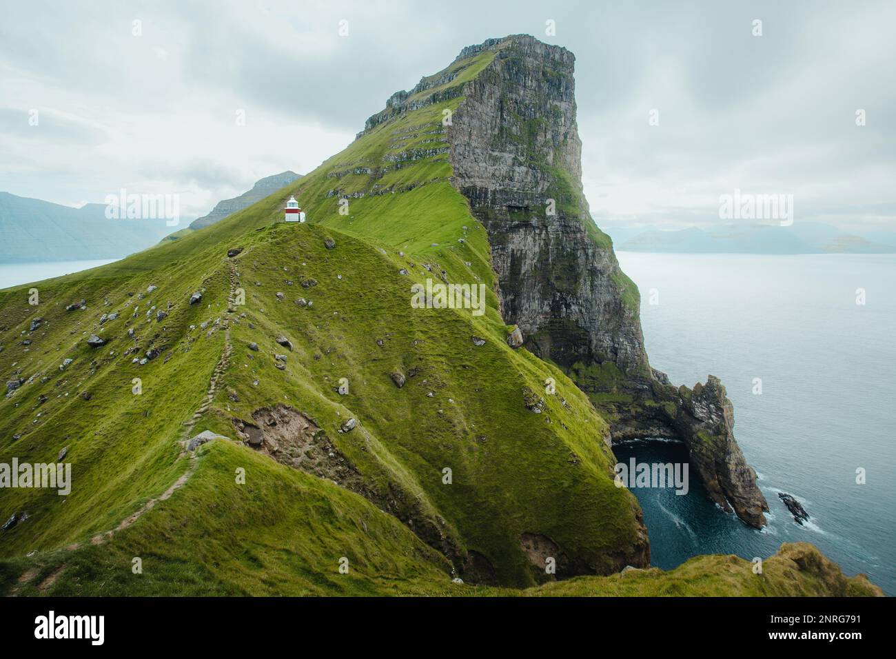 The Kallur Lighthouse on the cliffs of Kalsoy on the Faroe Islands ...