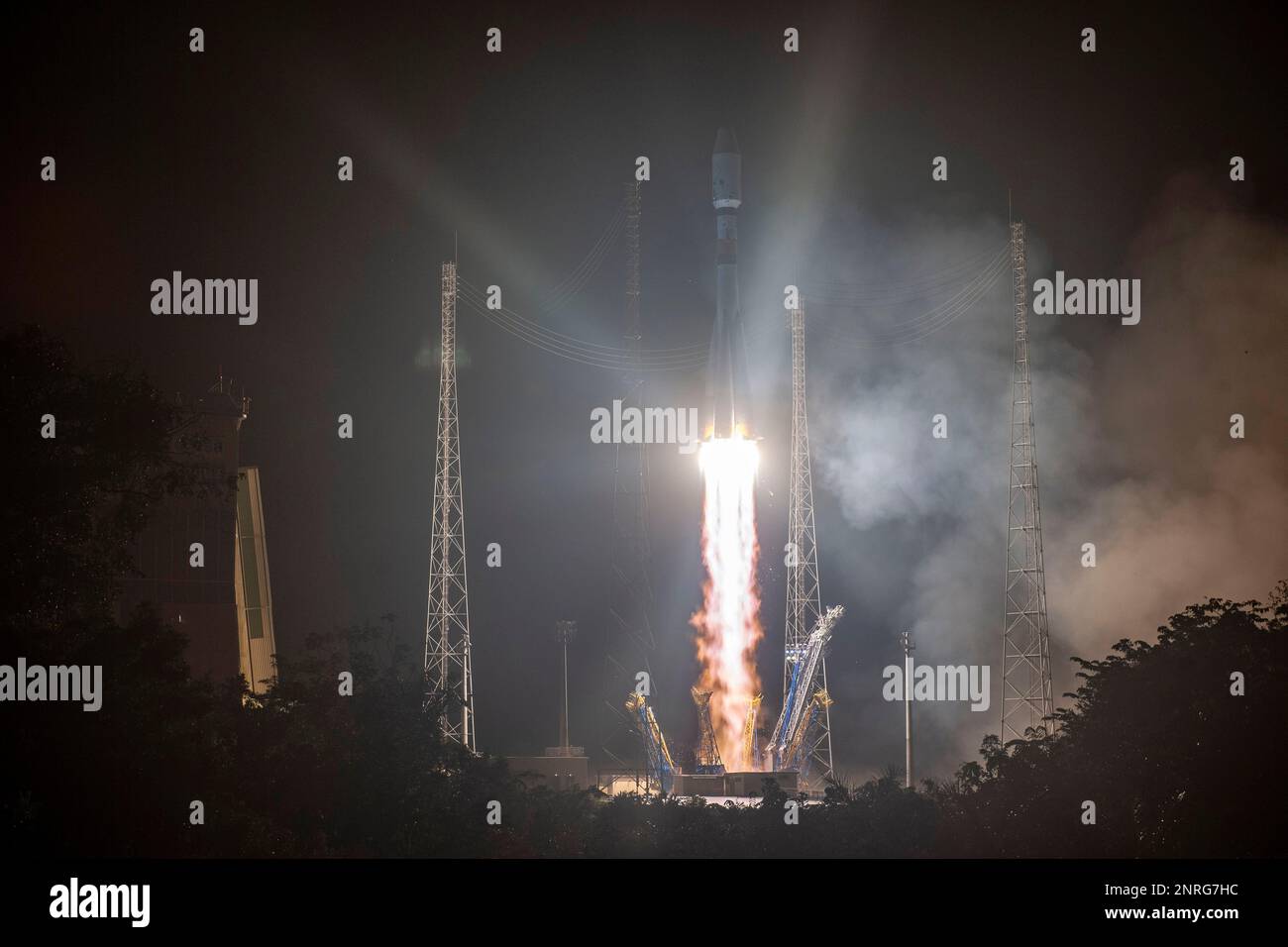 This photo provided by the CNES shows a Russian Soyuz rocket lifting ...