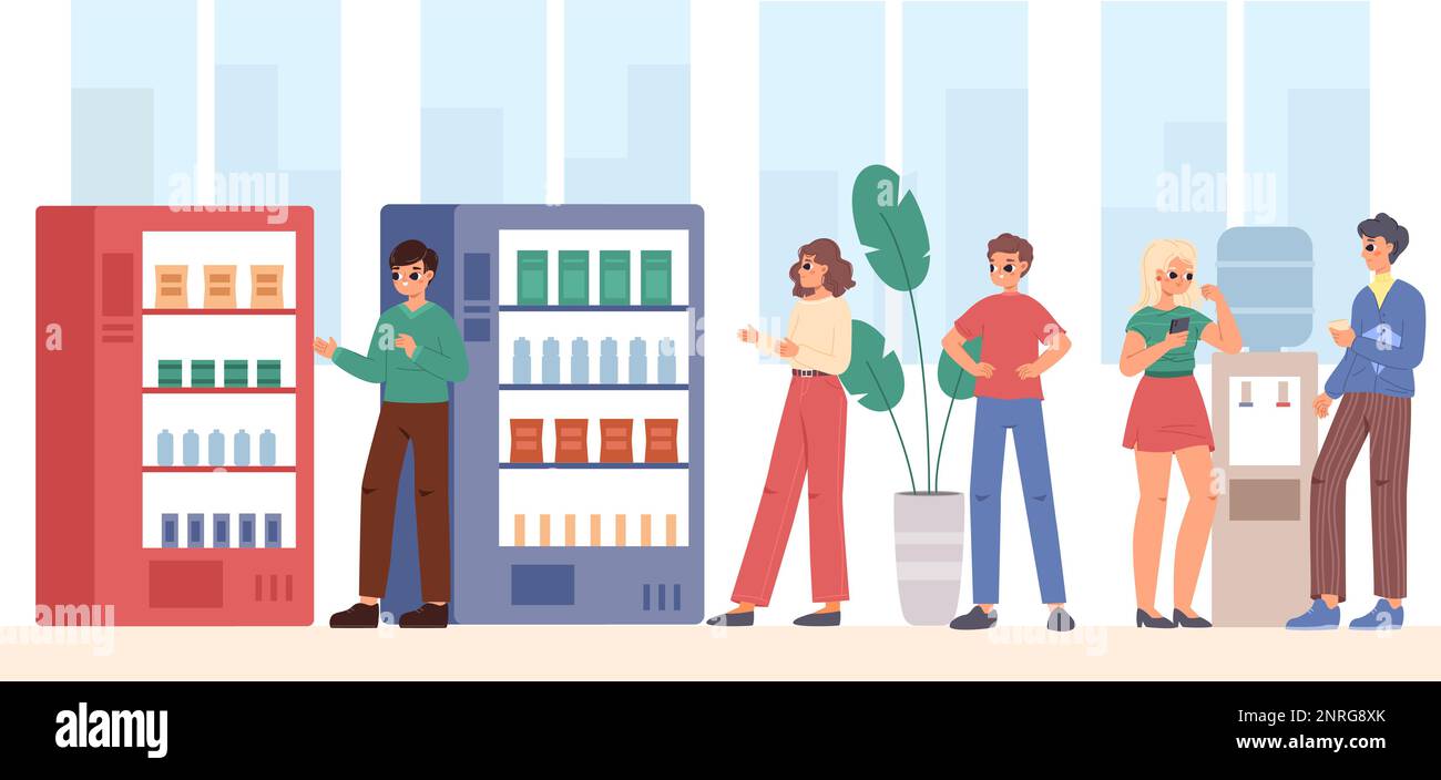 Students, young office workers buy food on vending machine, drinking ...