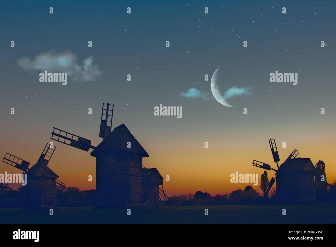 Night landscape moon windmill hi-res stock photography and images - Alamy