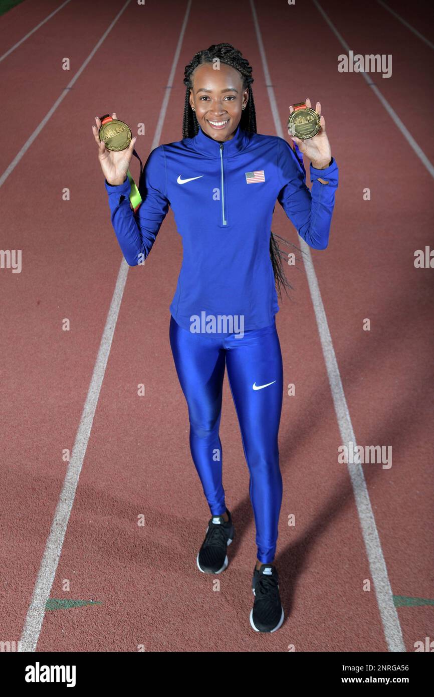 Dalilah Muhammad (USA) poses with 2019 IAAF World Athletics ...