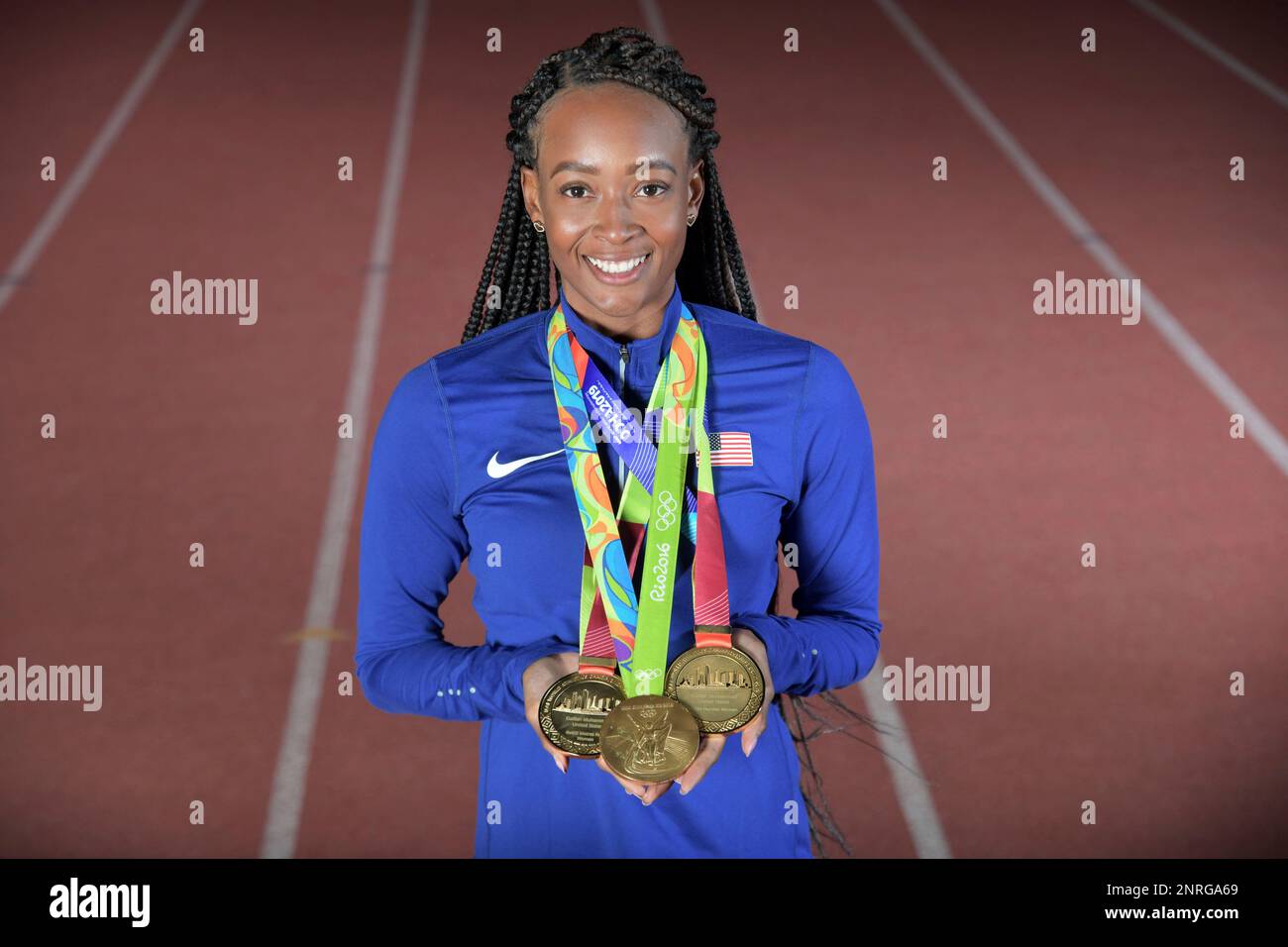 Dalilah Muhammad (USA) poses with 2019 IAAF World Athletics ...