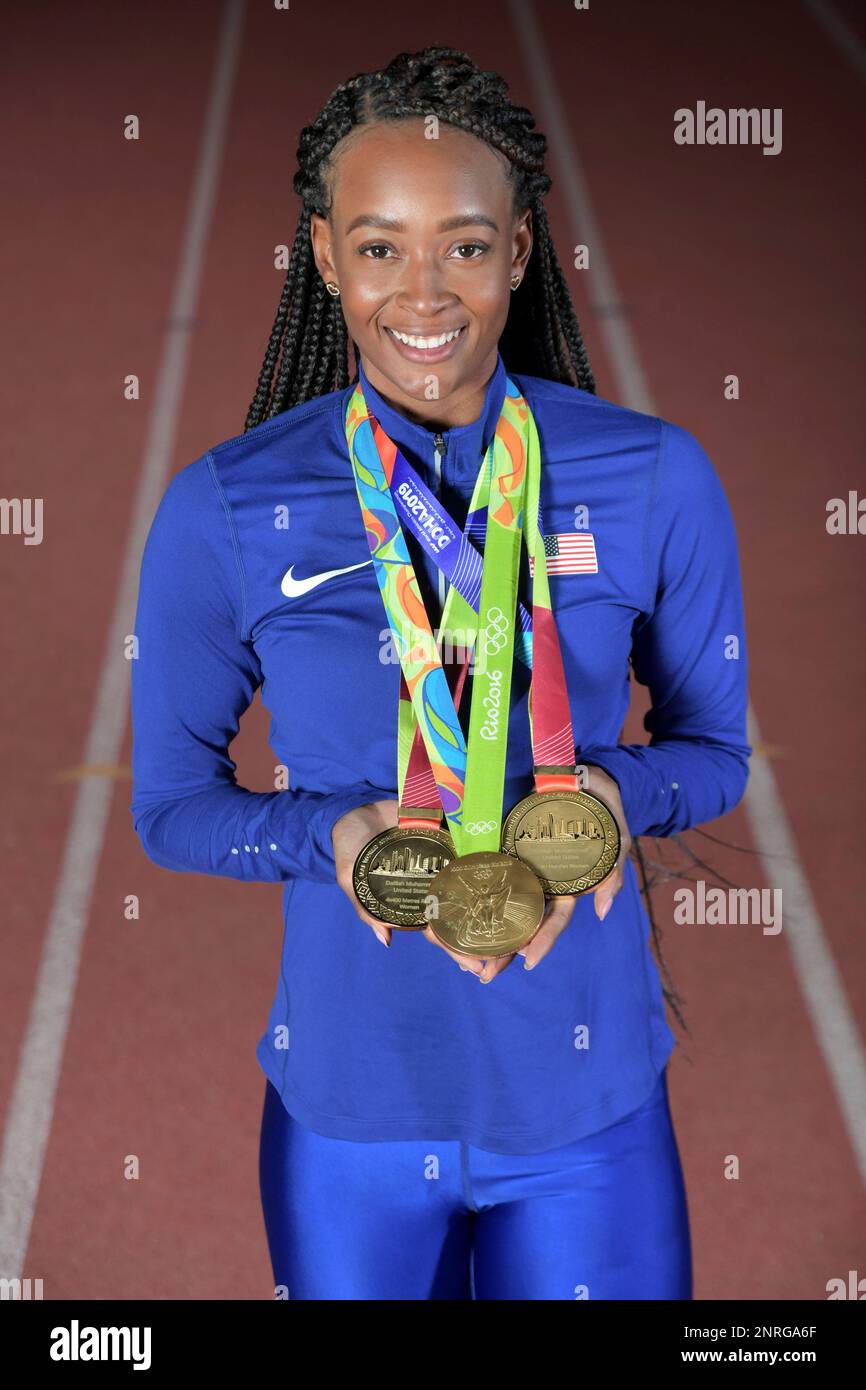 Dalilah Muhammad (USA) poses with 2019 IAAF World Athletics ...