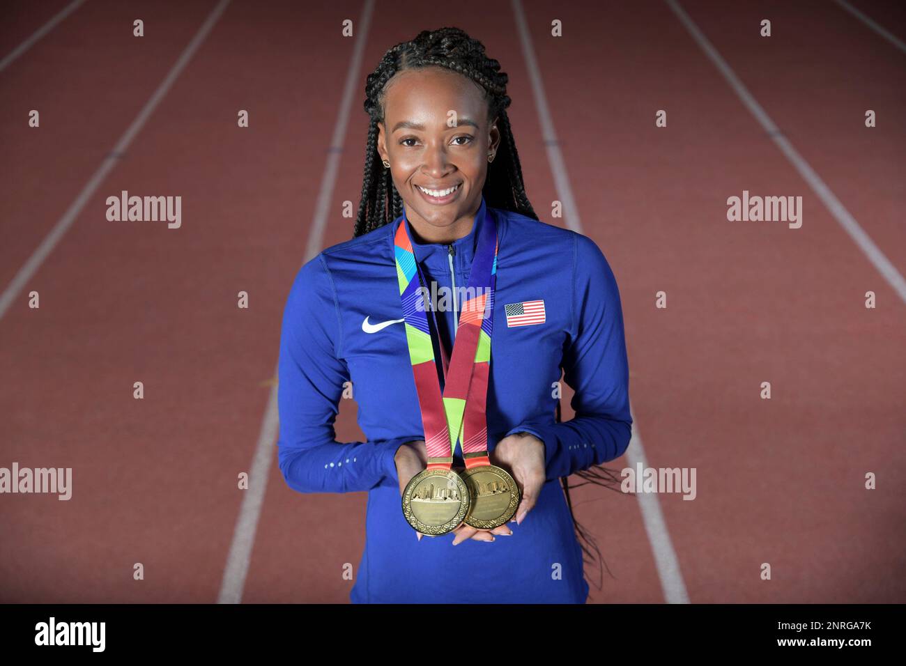 Dalilah Muhammad (USA) poses with 2019 IAAF World Athletics ...