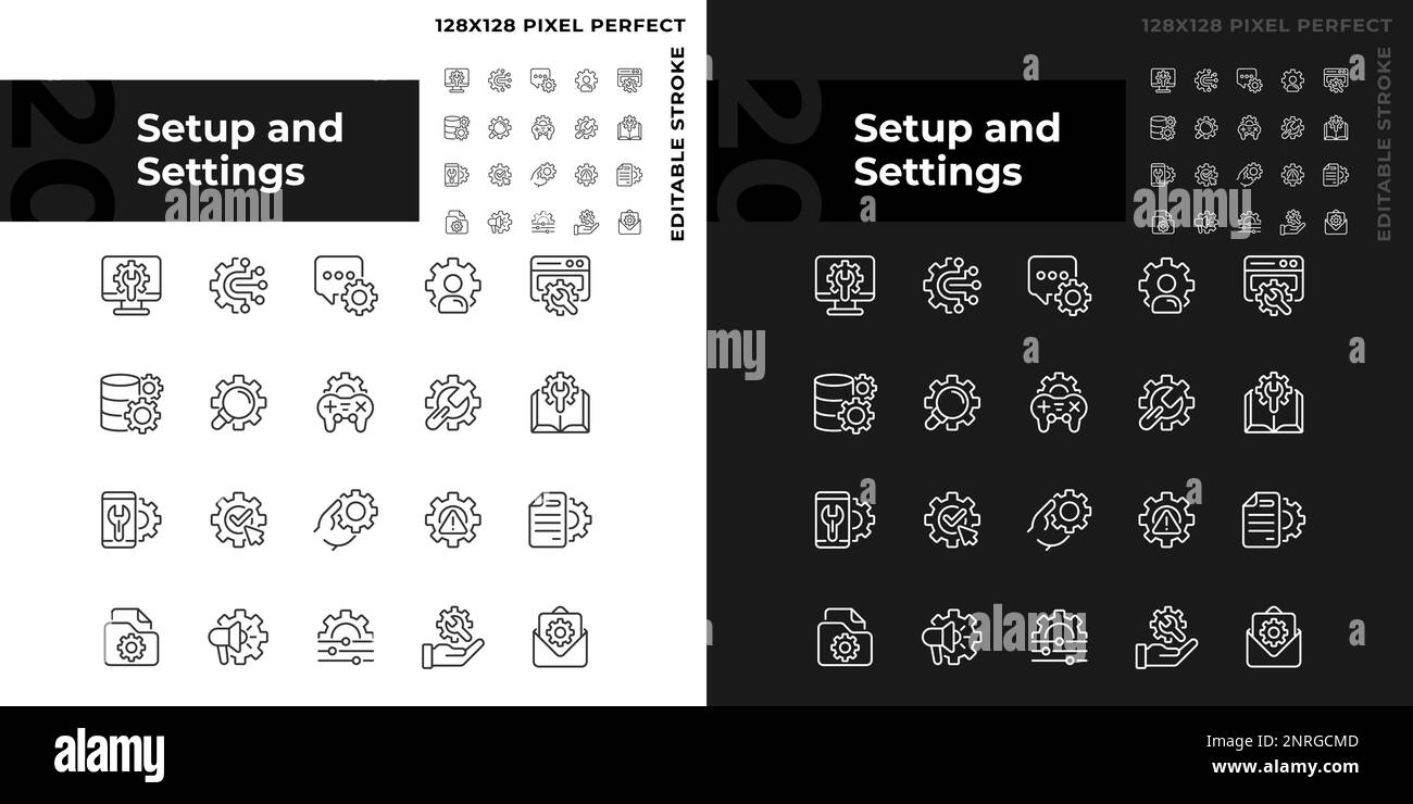 Setup and settings pixel perfect linear icons set for dark, light mode ... Setup and settings pixel perfect linear icons set for dark, light mode ...