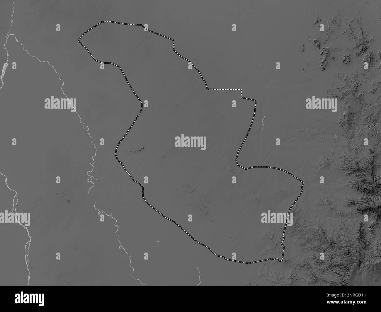 Al Qadarif, state of Sudan. Grayscale elevation map with lakes and ...