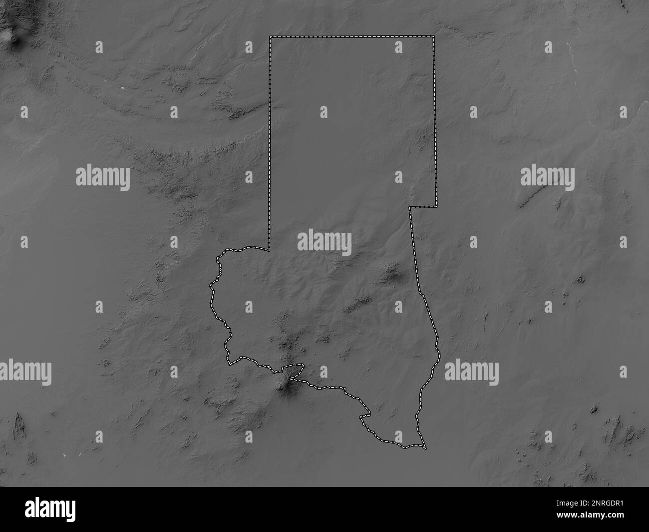 North Darfur, state of Sudan. Grayscale elevation map with lakes and ...