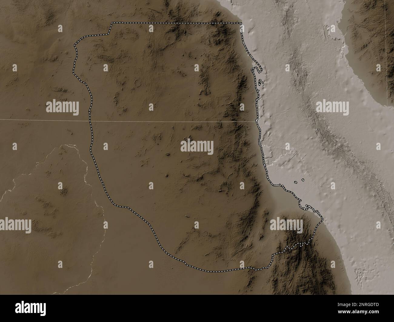 Red Sea, state of Sudan. Elevation map colored in sepia tones with ...
