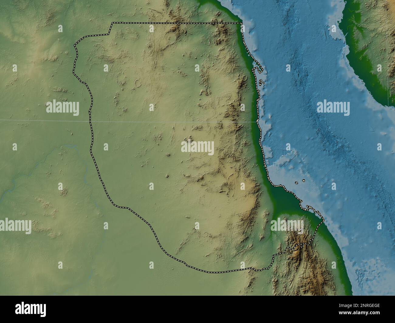 Red Sea, state of Sudan. Colored elevation map with lakes and rivers ...
