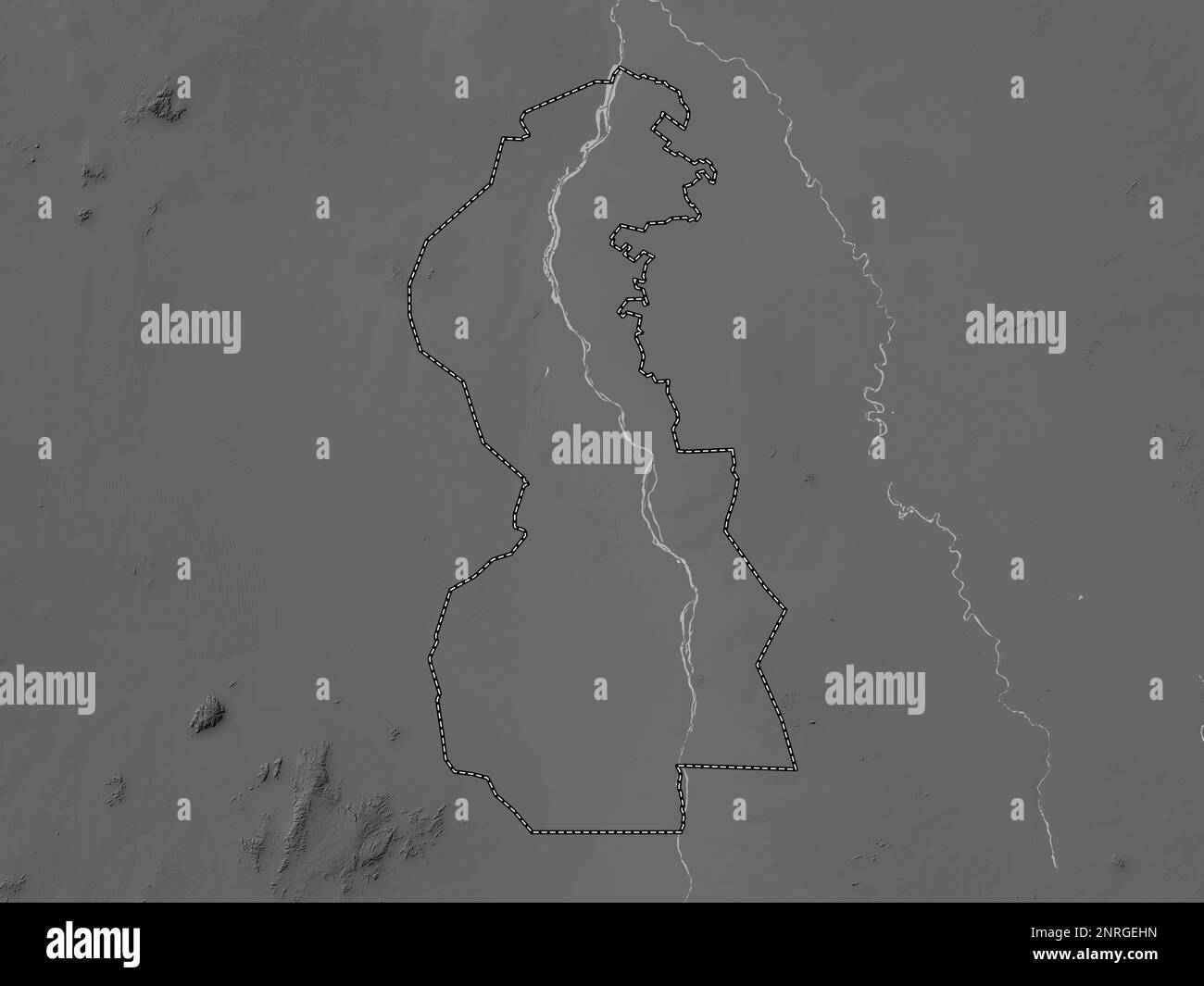 White Nile, state of Sudan. Grayscale elevation map with lakes and ...