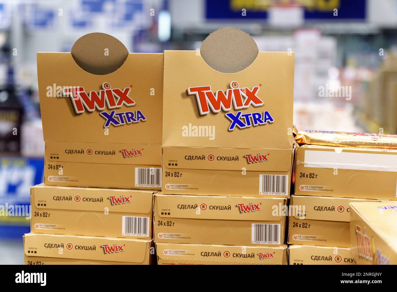 Tyumen, Russia-January 26, 2023: Twix is a caramel shortbread chocolate ...