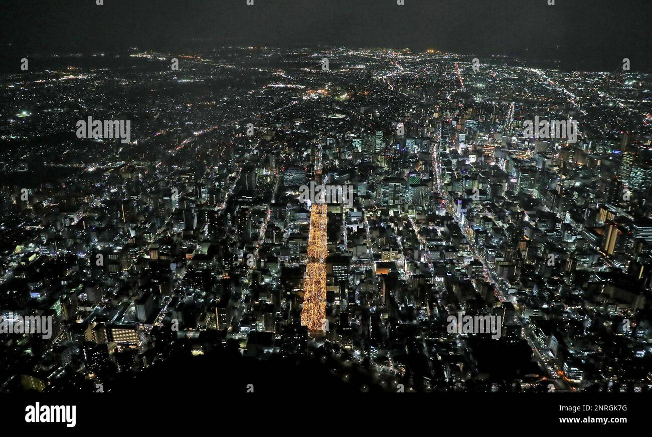 An aerial photo shows the Jozenji Street illuminated during an event ...