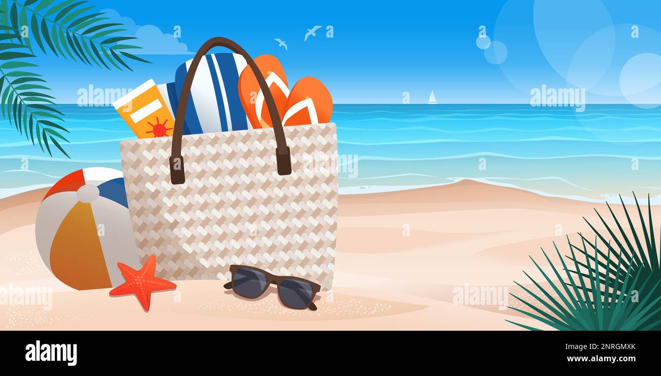 Beach bag on sandy beach Stock Vector Images - Alamy