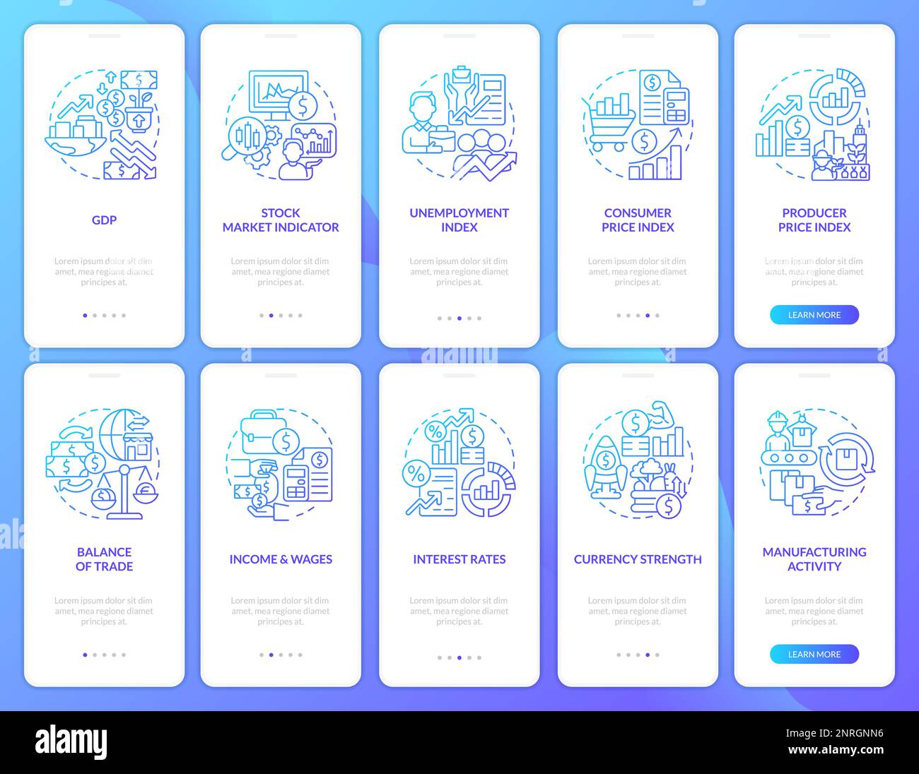 Economic indicators examples blue gradient onboarding mobile app ... Economic indicators examples blue gradient onboarding mobile app ...