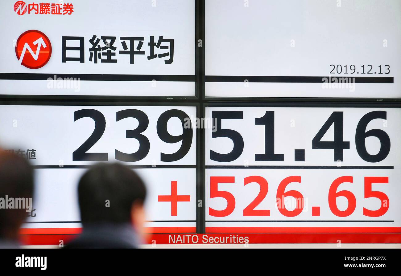 A photo shows an electric board of the Nikkei Stock Average soaring in ...