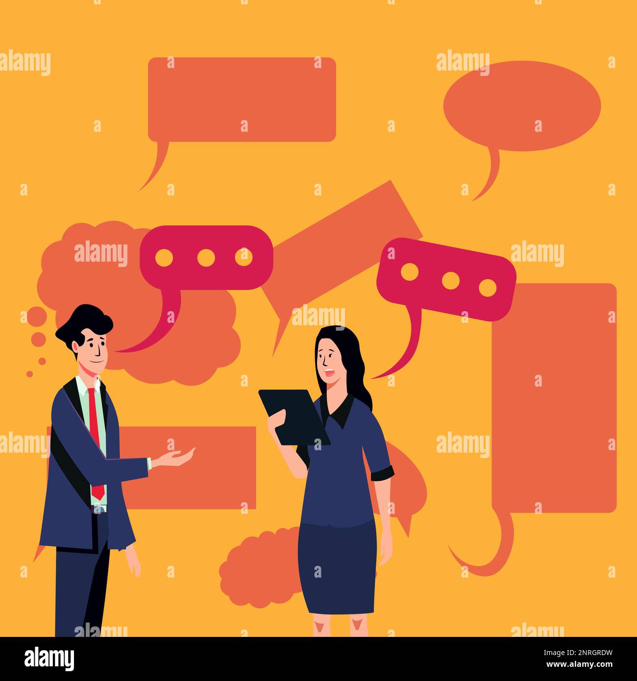 Man and woman discussing current news. Two white dialog bubbles over ...