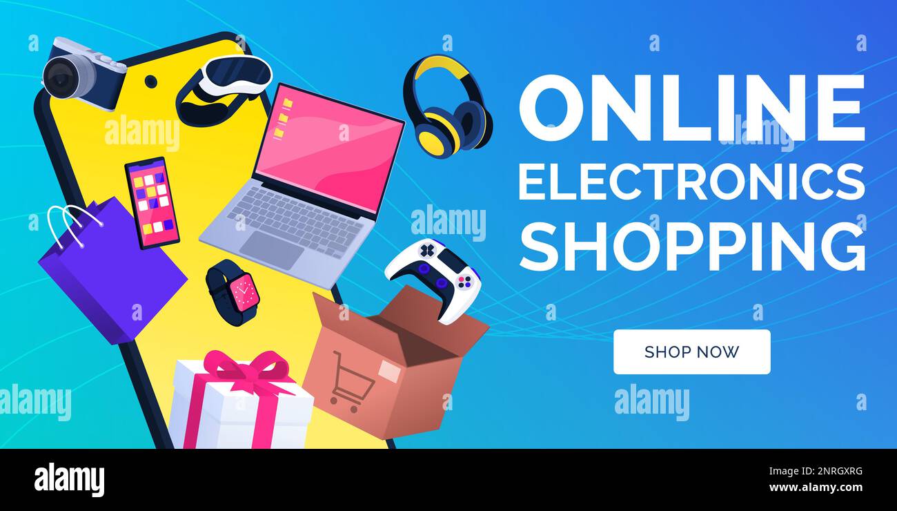 Online electronics shopping app on smartphone: devices coming out of a ...