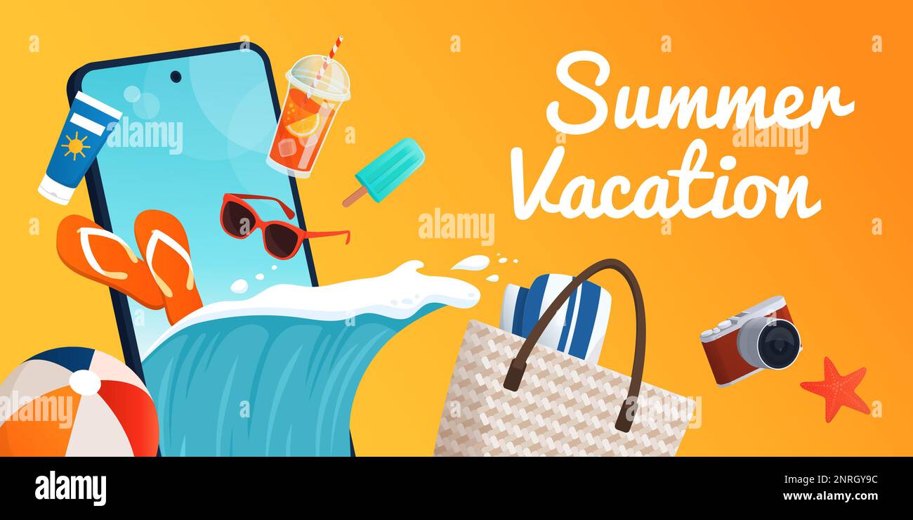 Smartphone with beach accessories and ocean wave coming out of the ...