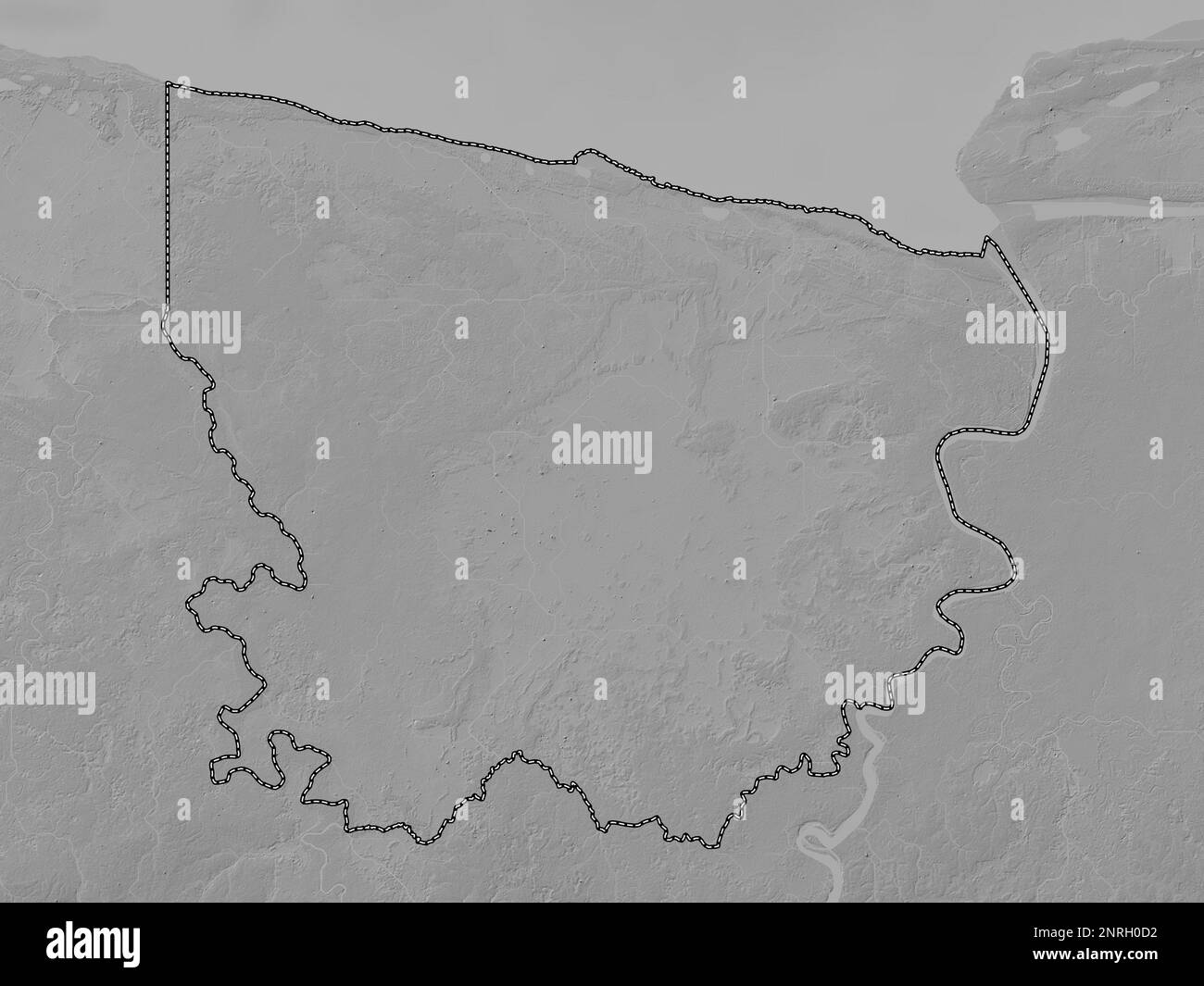 Coronie, district of Suriname. Grayscale elevation map with lakes and ...