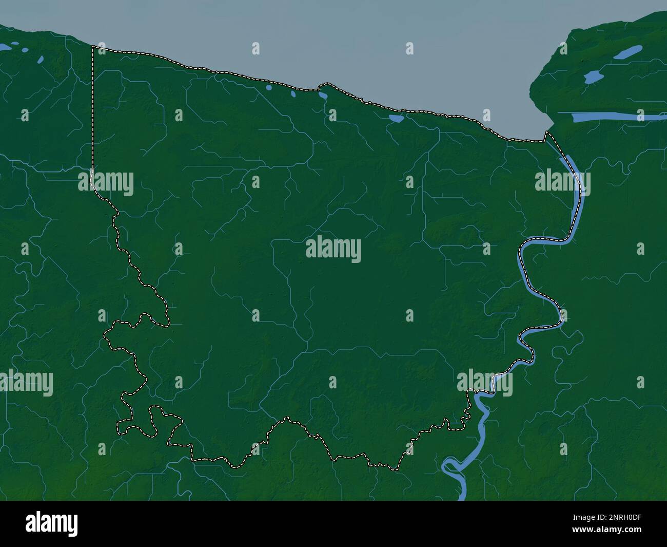 Coronie, district of Suriname. Colored elevation map with lakes and ...