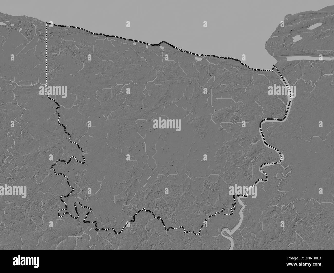 Coronie, district of Suriname. Bilevel elevation map with lakes and ...
