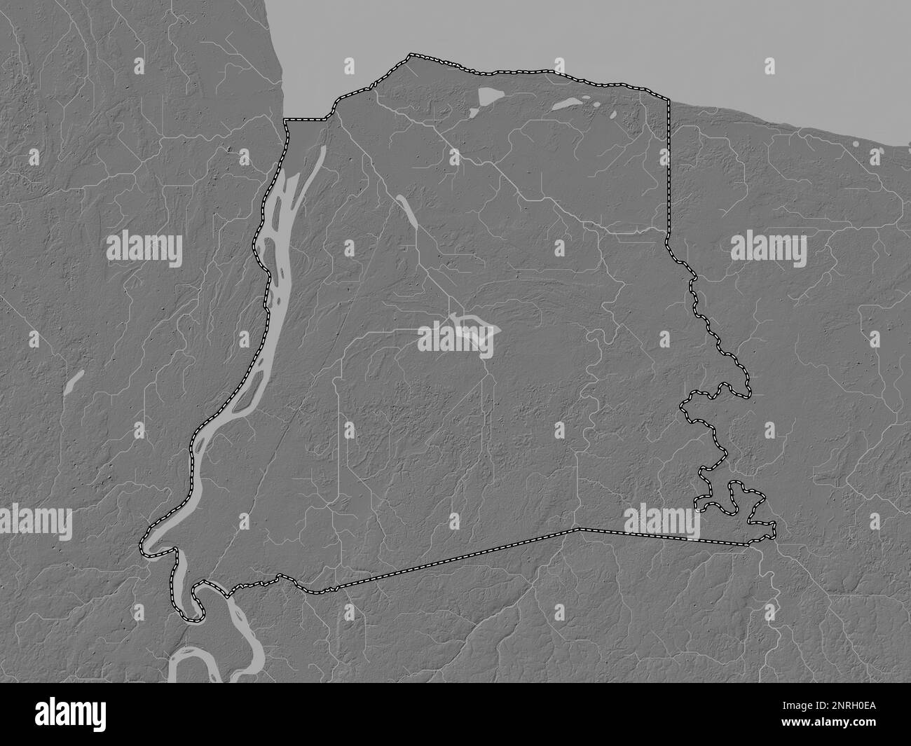 Nickerie, district of Suriname. Bilevel elevation map with lakes and ...