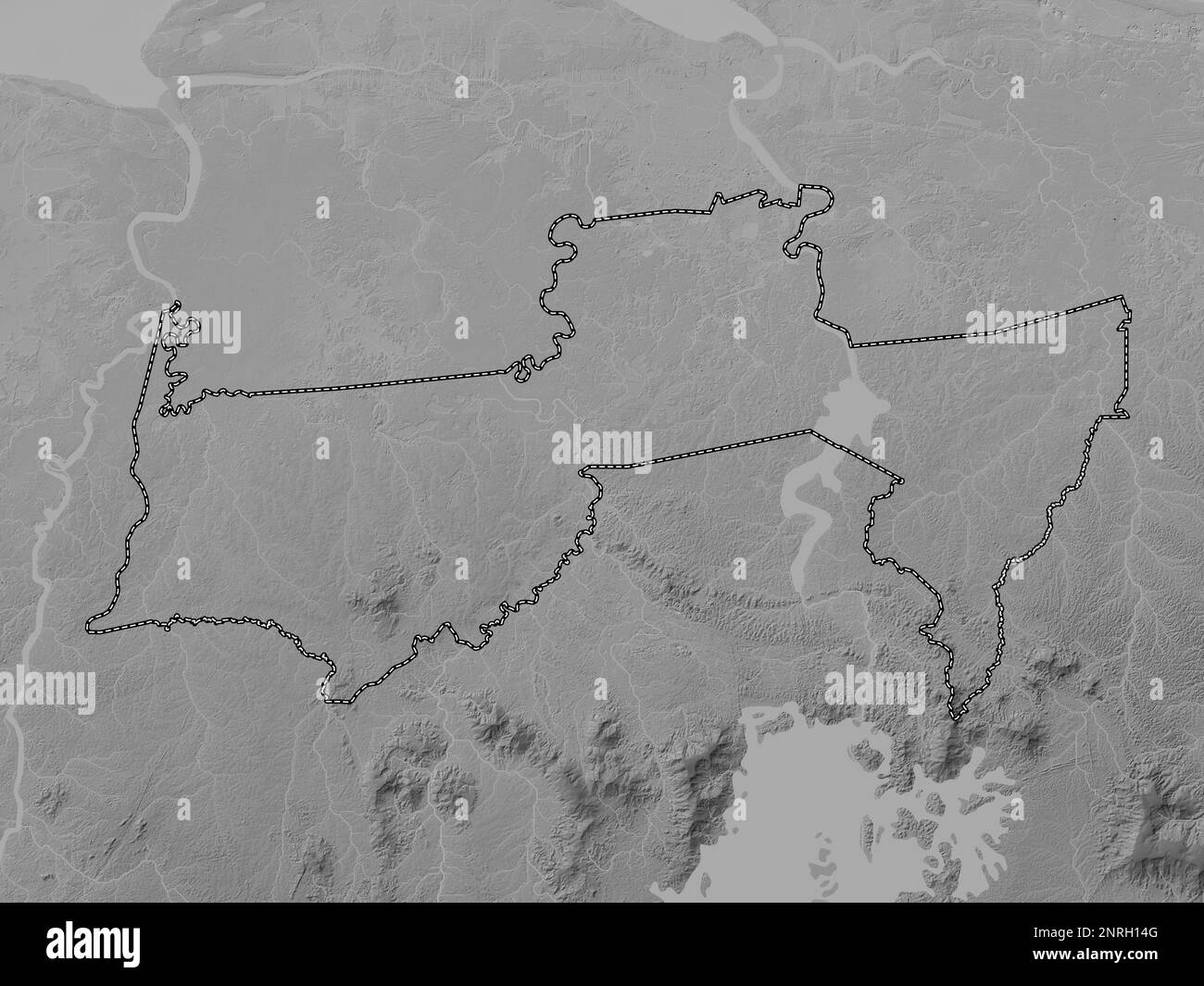 Para, district of Suriname. Grayscale elevation map with lakes and ...