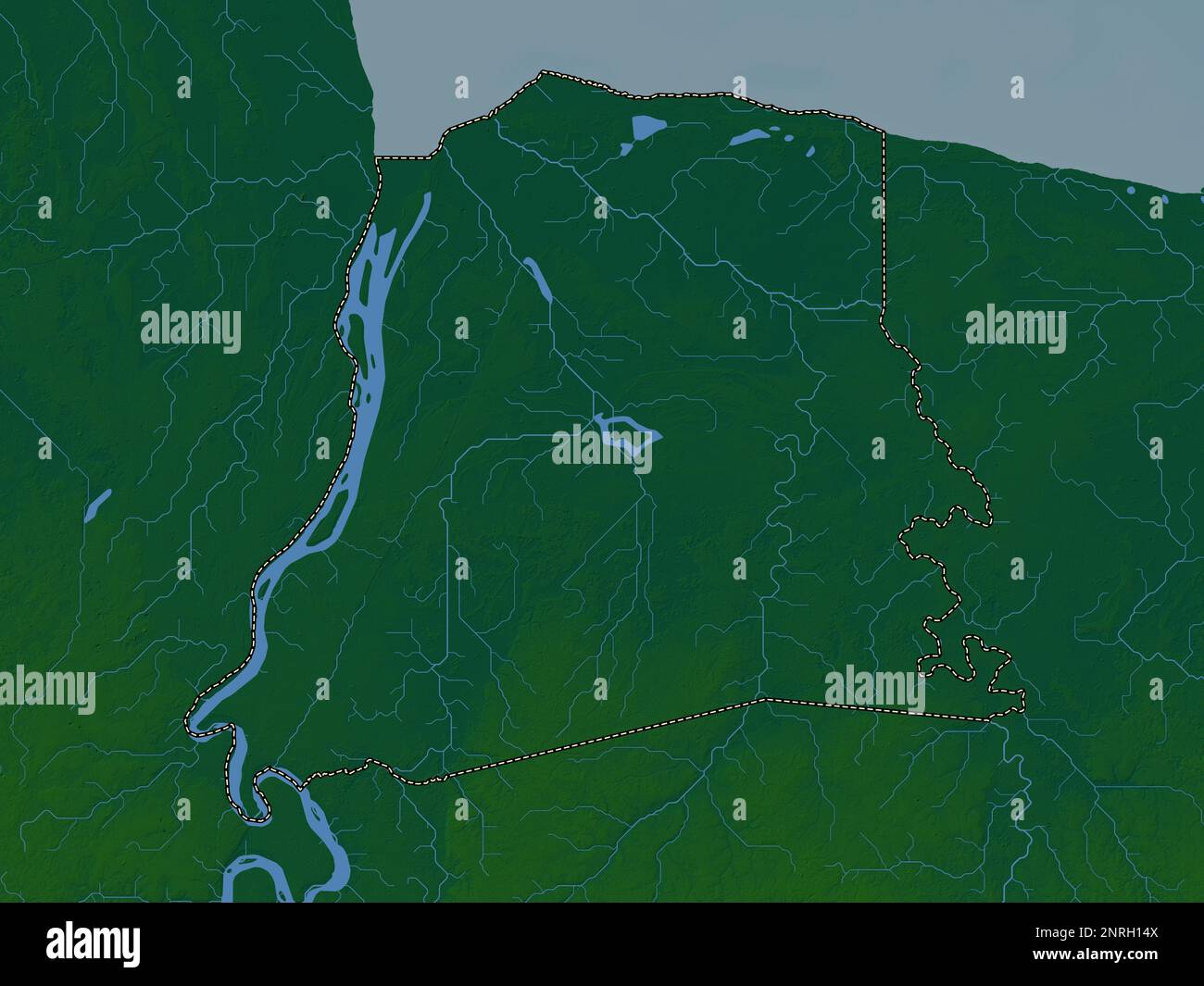 Nickerie, district of Suriname. Colored elevation map with lakes and ...