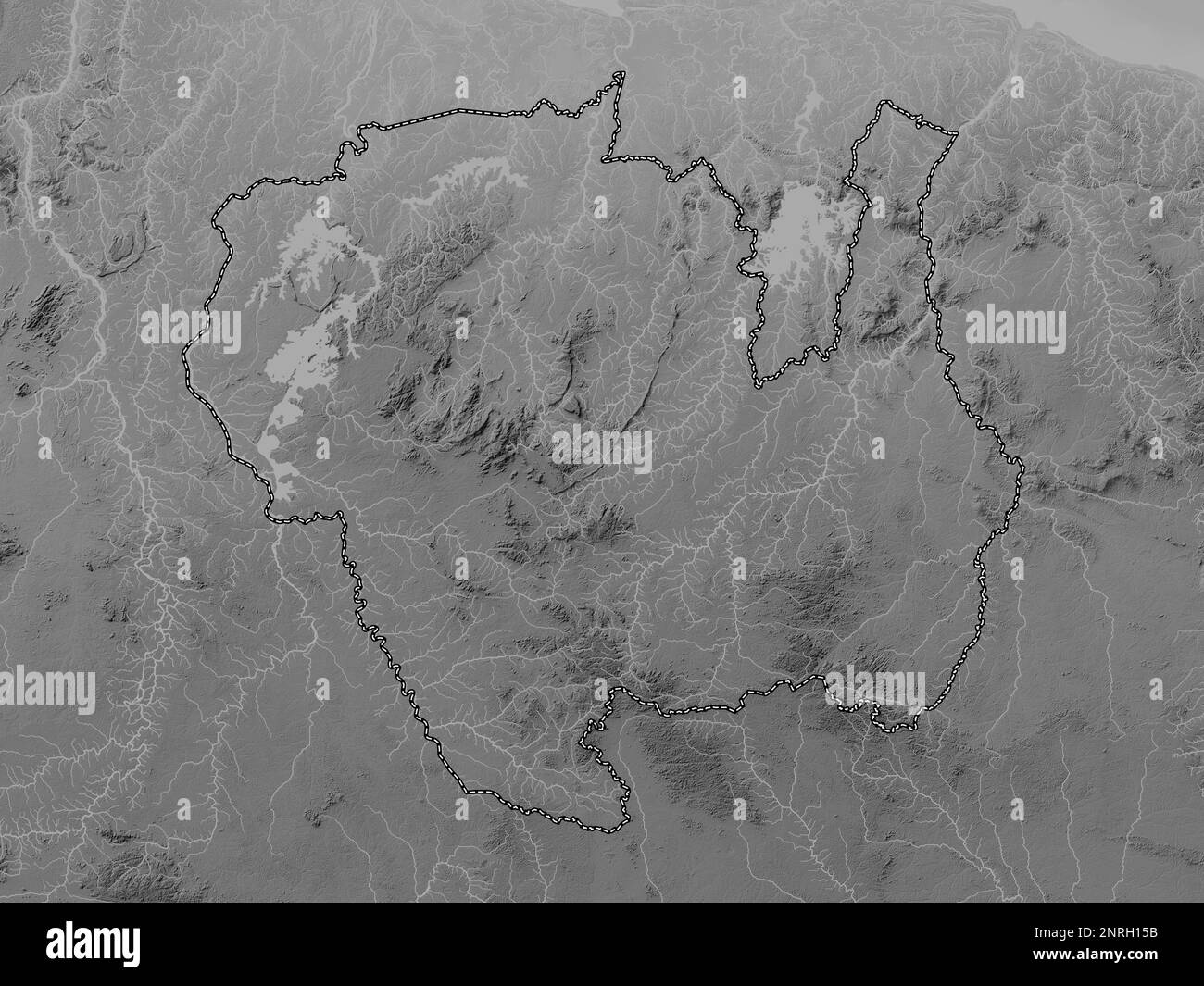 Sipaliwini, district of Suriname. Grayscale elevation map with lakes ...