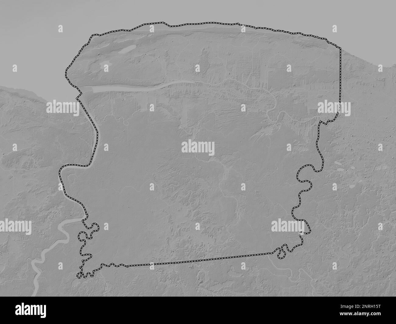 Saramacca, district of Suriname. Grayscale elevation map with lakes and ...
