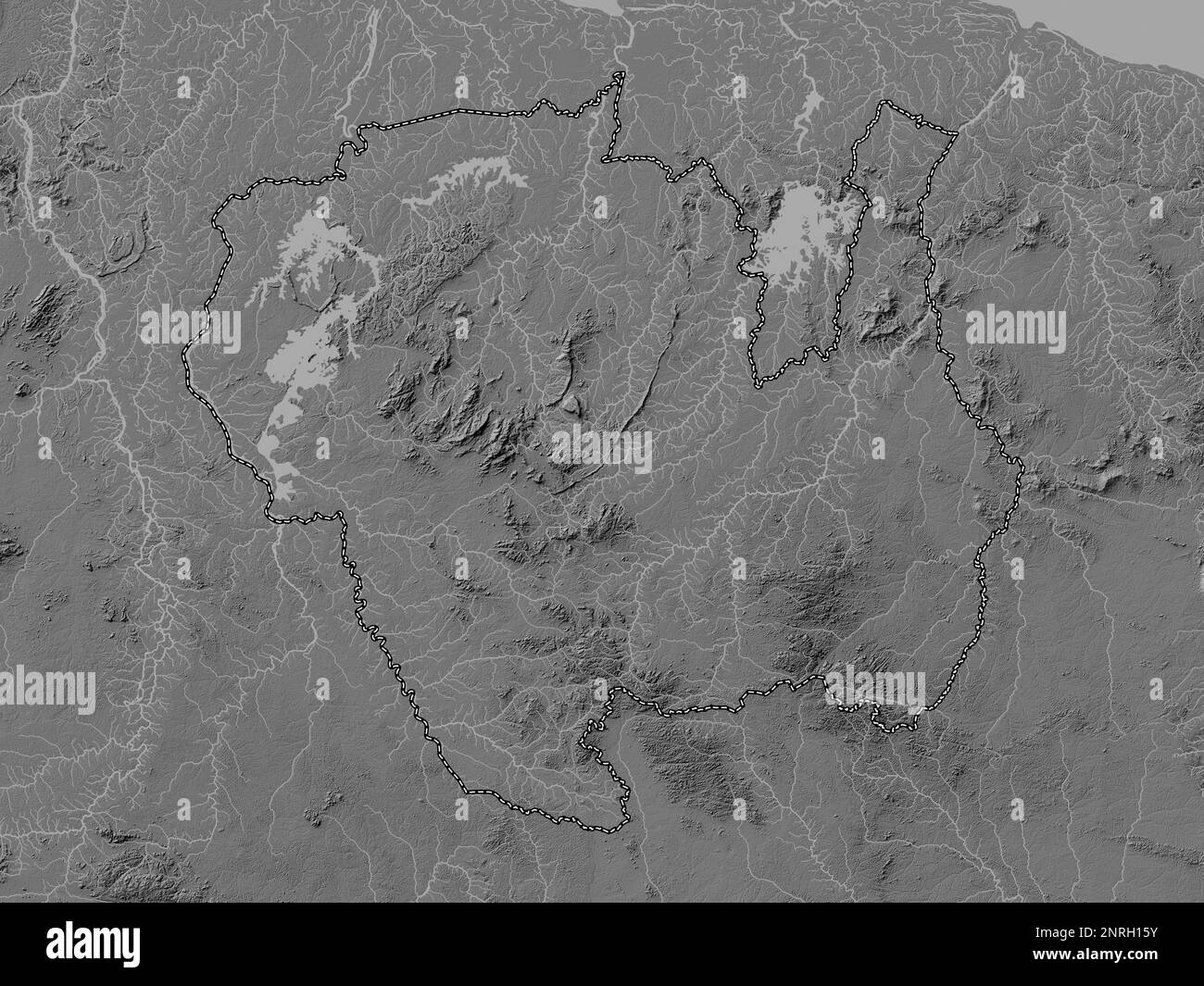 Sipaliwini, district of Suriname. Bilevel elevation map with lakes and ...