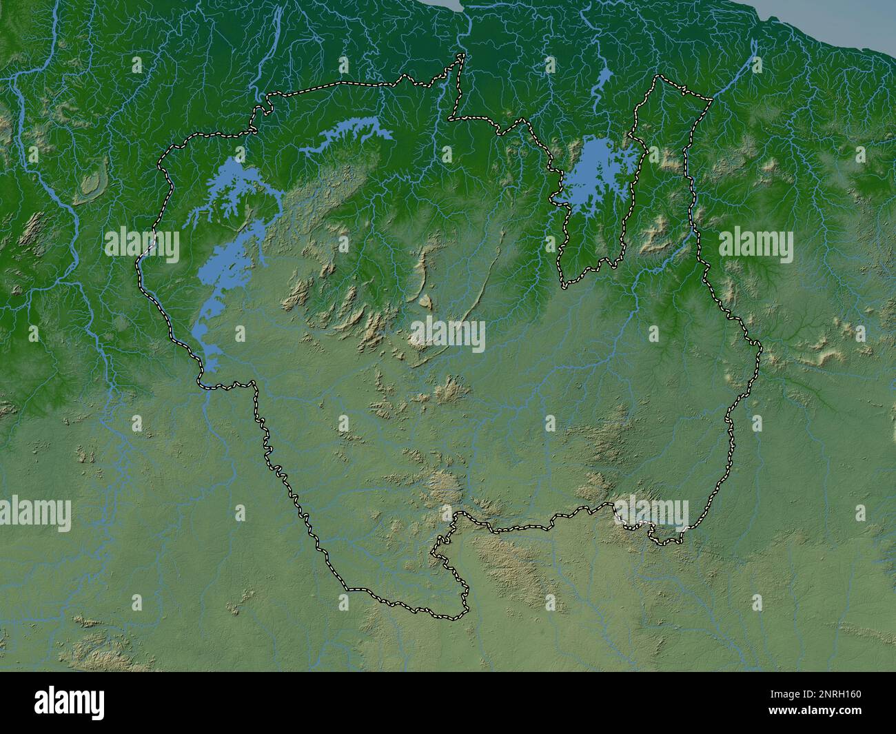 Sipaliwini, district of Suriname. Colored elevation map with lakes and ...
