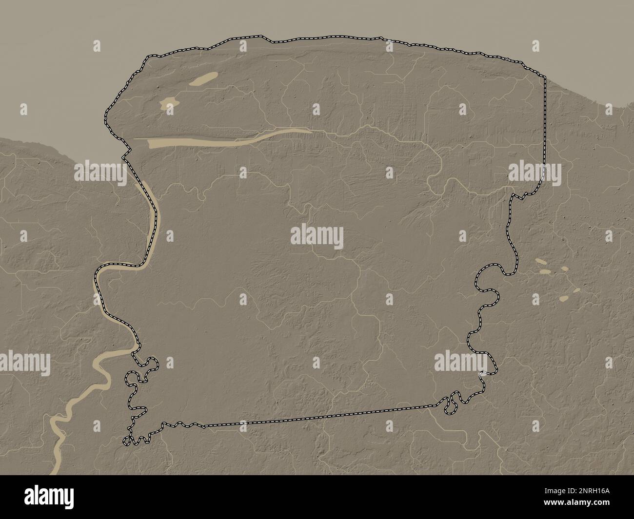 Saramacca, district of Suriname. Elevation map colored in sepia tones ...