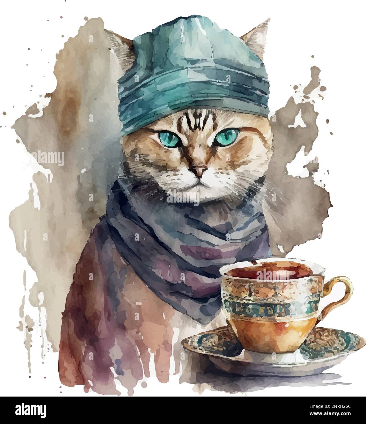 Turkish Cat with coffee cup. Muslim cat with turban. Watercolor Vector ...