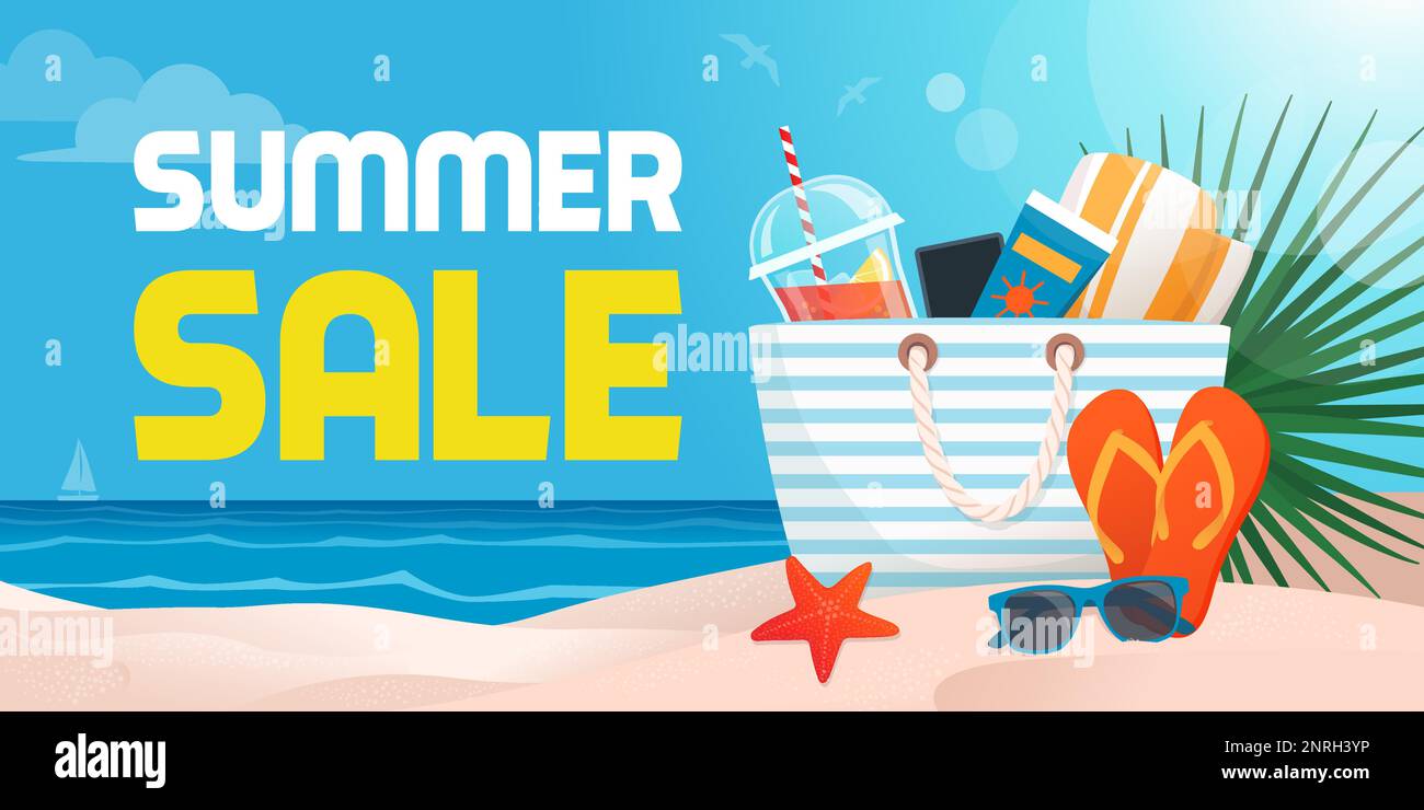 Summer sale advertisement with beach bag and seascape in the background ...
