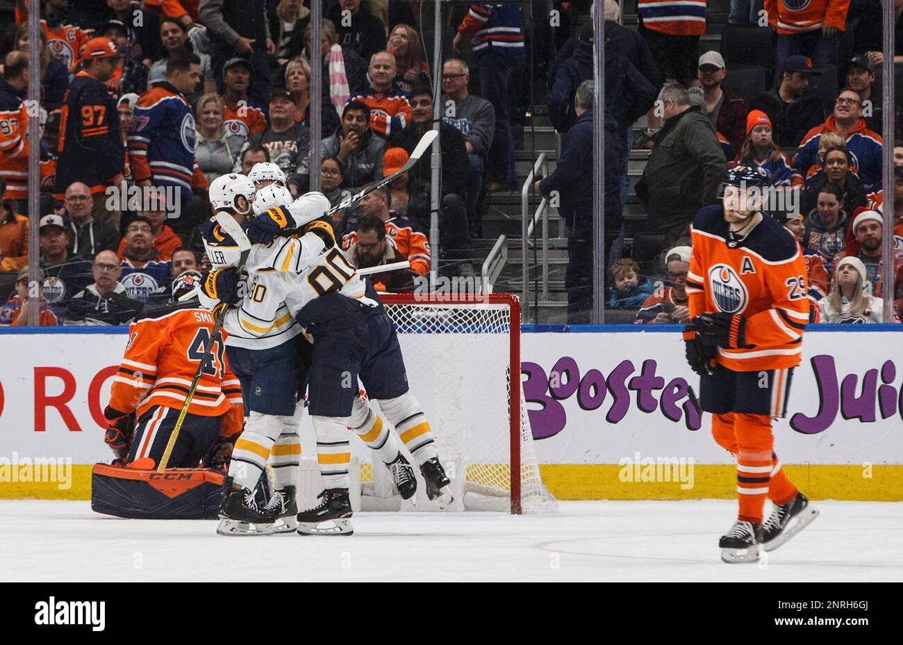 Buffalo Sabres players celebrate the overtime goal against the Edmonton ...