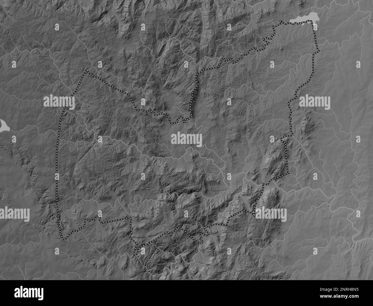 Manzini, district of Eswatini. Grayscale elevation map with lakes and ...