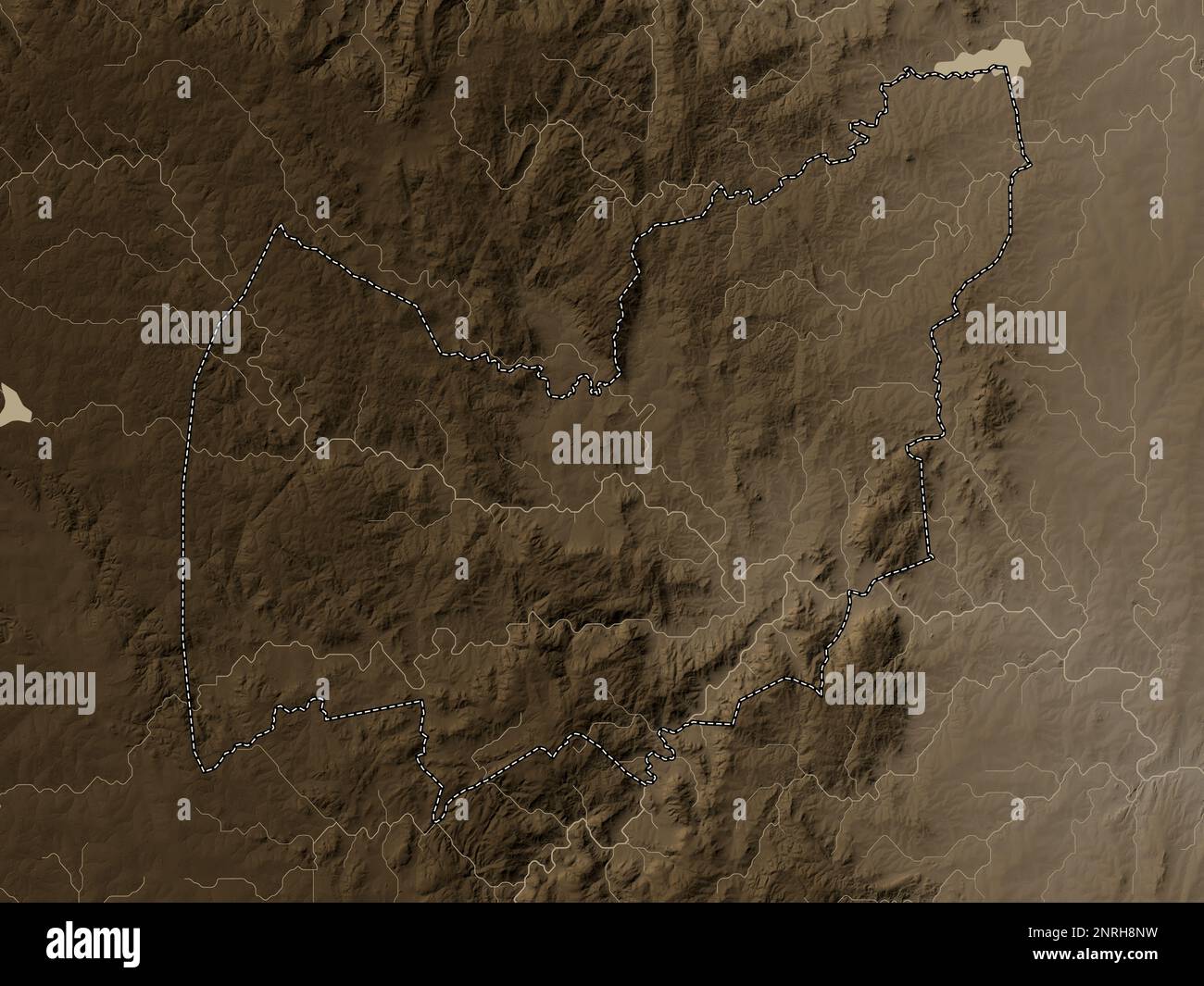 Manzini, district of Eswatini. Elevation map colored in sepia tones ...