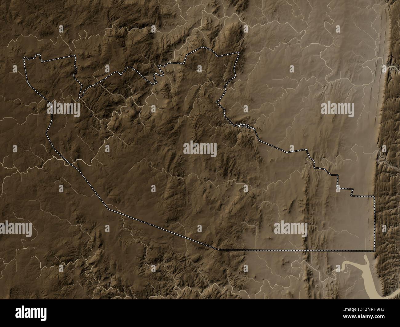Shiselweni, district of Eswatini. Elevation map colored in sepia tones ...