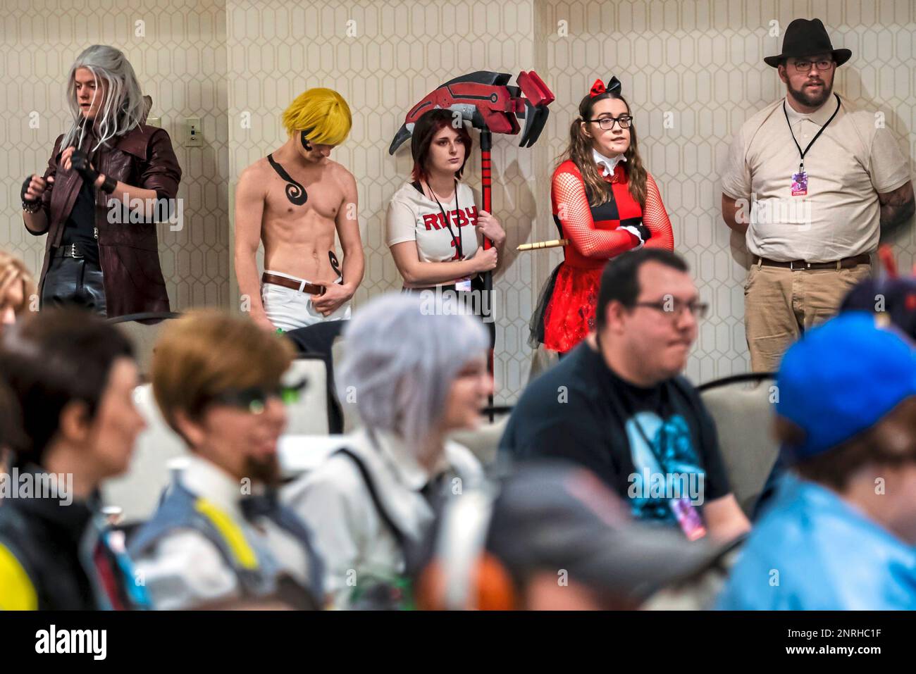 Cosplayers line up as they wait to participate in the Cosplay Battle ...
