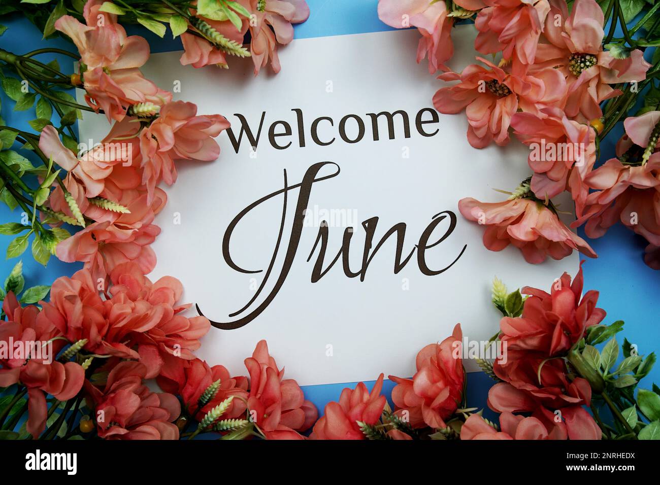 Welcome June text with Pink Flower frame on blue background Stock Photo ...