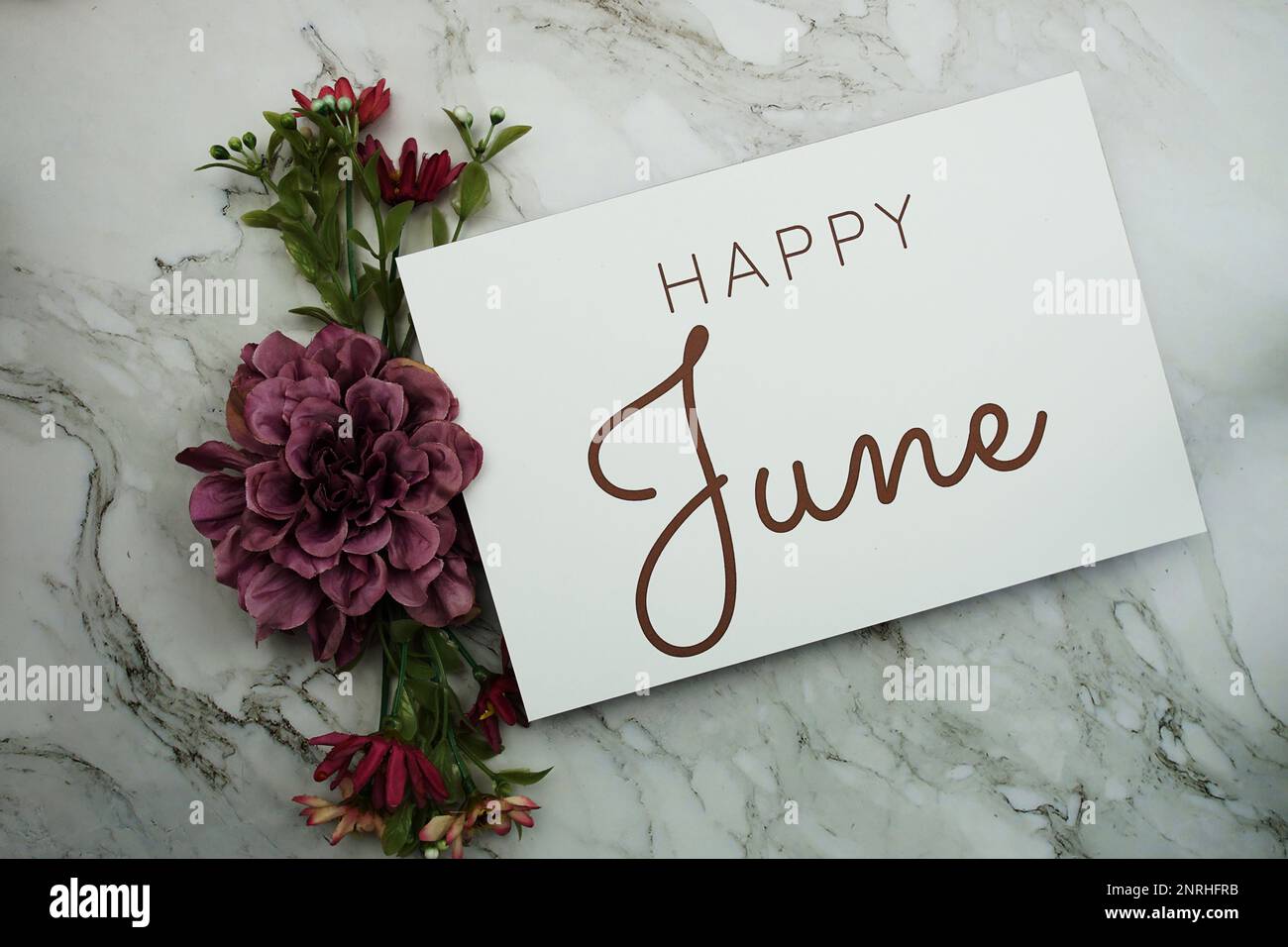 Happy June text with pink flower bouquet on marble background Stock ...