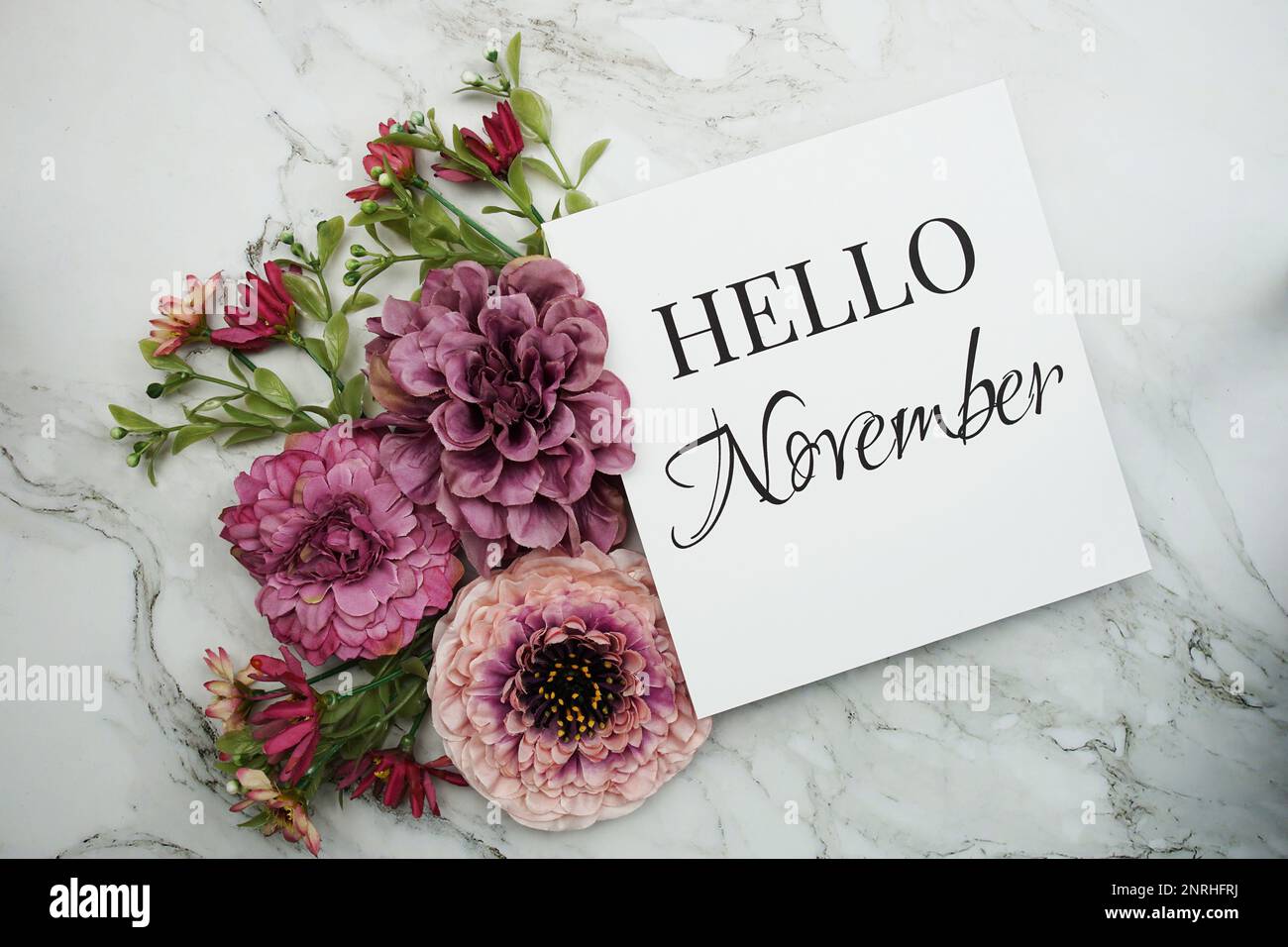 Hello November text with pink flower bouquet on marble background Stock ...