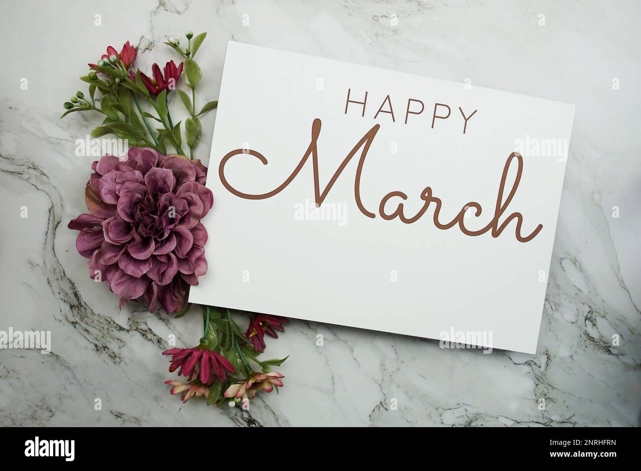Happy March text with pink flower bouquet on marble background Stock ...