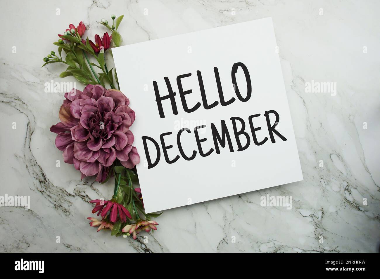 Hello December text with pink flower bouquet on marble background Stock ...